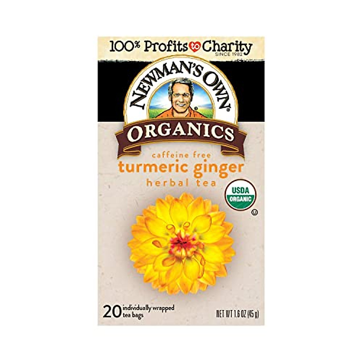 Newman's Own Organic Turmeric Ginger Herbal Tea, Caffeine-Free, Savory & Spicy Flavors Combined For The Perfect Cup Of Tea, 6 Pack Of 20 Tea Bags Individually Wrapped, 120 Teabags Total