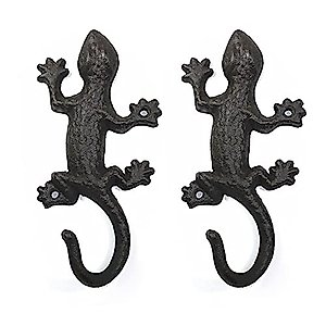 2 Pack Decorative Gecko Metal Heavy Duty Hooks for Wall, Black Cast Iron Lizard Tail Decor Rustic Key Holders Rack, Cool Wall Mounted Unique Design Retro Coat Aprons Hats Towels Hangers Set of 2