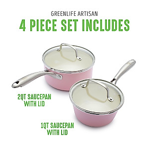 GreenLife Artisan Healthy Ceramic Nonstick, 1QT and 2QT Saucepan Pot Set with Lids, Stainless Steel Handle, Induction, PFAS-Free, Dishwasher Safe, Oven Safe, Pink