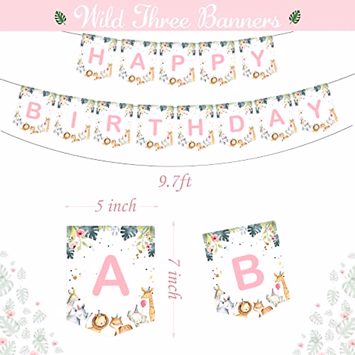 Young Wild and Three Decorations Girls, Party Inspo Safari Birthday 3rd Girl, Boho Floral Jungle Theme Third, Supplies Kit, Banner Backdrop Cake Toppers Balloon Arch Poster Crown, Pink