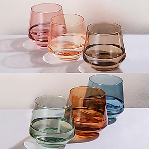 Colorsavant Stemless Wine Glasses Set 6【Colored Wine Glasses Stemless】 Multi Color Short Tumbler【14oz】 Colored Glassware for Wine or Soft Drinks,Unique Wine Gifts for Thanksgiving Christmas
