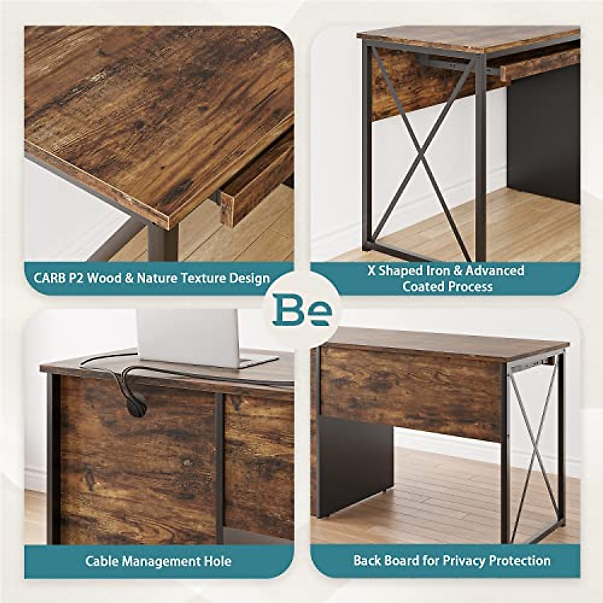 Bestier Office Desk with Drawers, 55 inch Industrial Computer Desk with Storage, Wood Teacher Desk with Keyboard Tray & File Drawer for Home Office, Rustic Brown