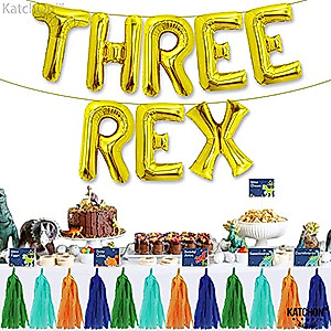 KatchOn, Huge Gold Three Rex Balloons - 16 Inch | Gold Three Rex Birthday Party Decorations | 3 Rex Birthday Decorations Boys | Three Rex Birthday Decorations Boys | Dinosaur Birthday Decorations