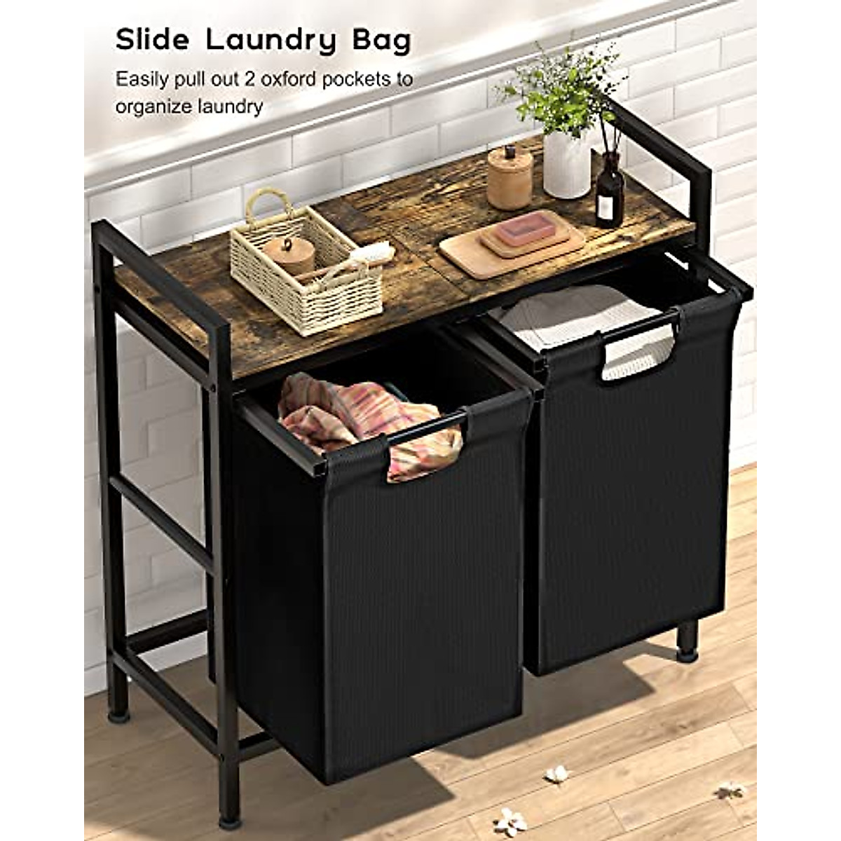 Egepon Laundry Basket, 2 * 11 Gal /42L Divided Laundry Hamper with Removable Liner Bag, Large Capacity Metal Frame Made Laundry Sorter Laundry Room Organization