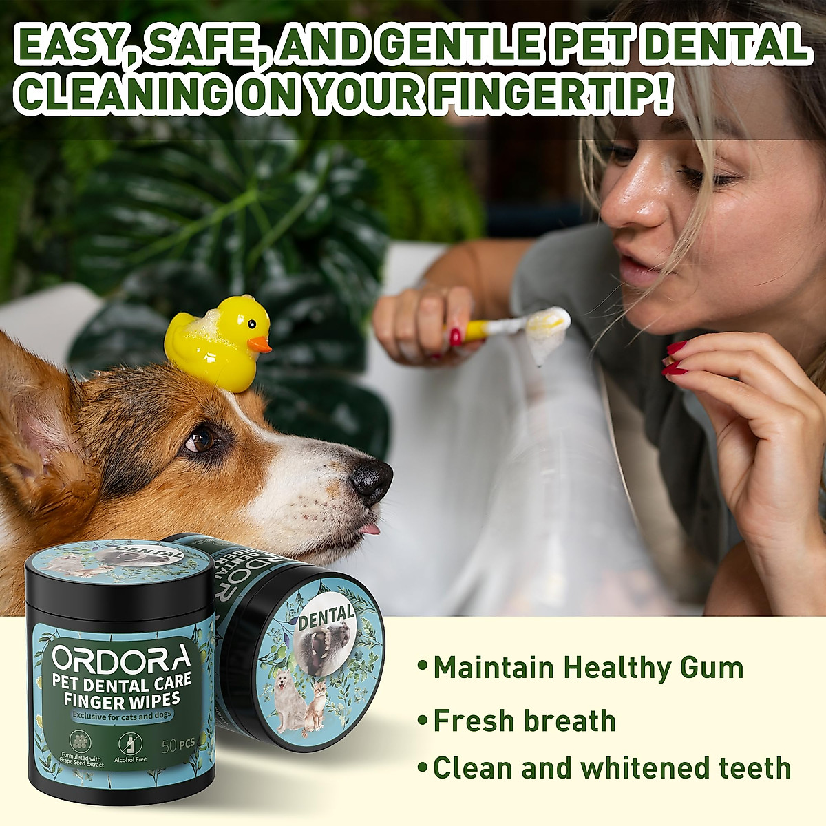 ORDORA PET Teeth Cleaning Wipes for Dogs & Cats, Dog Teeth Cleaning Finger Wipes - Dog Tooth Brushing Kit Dental Wipes - Reduces Plaque & Freshens Breath (50 Pcs)