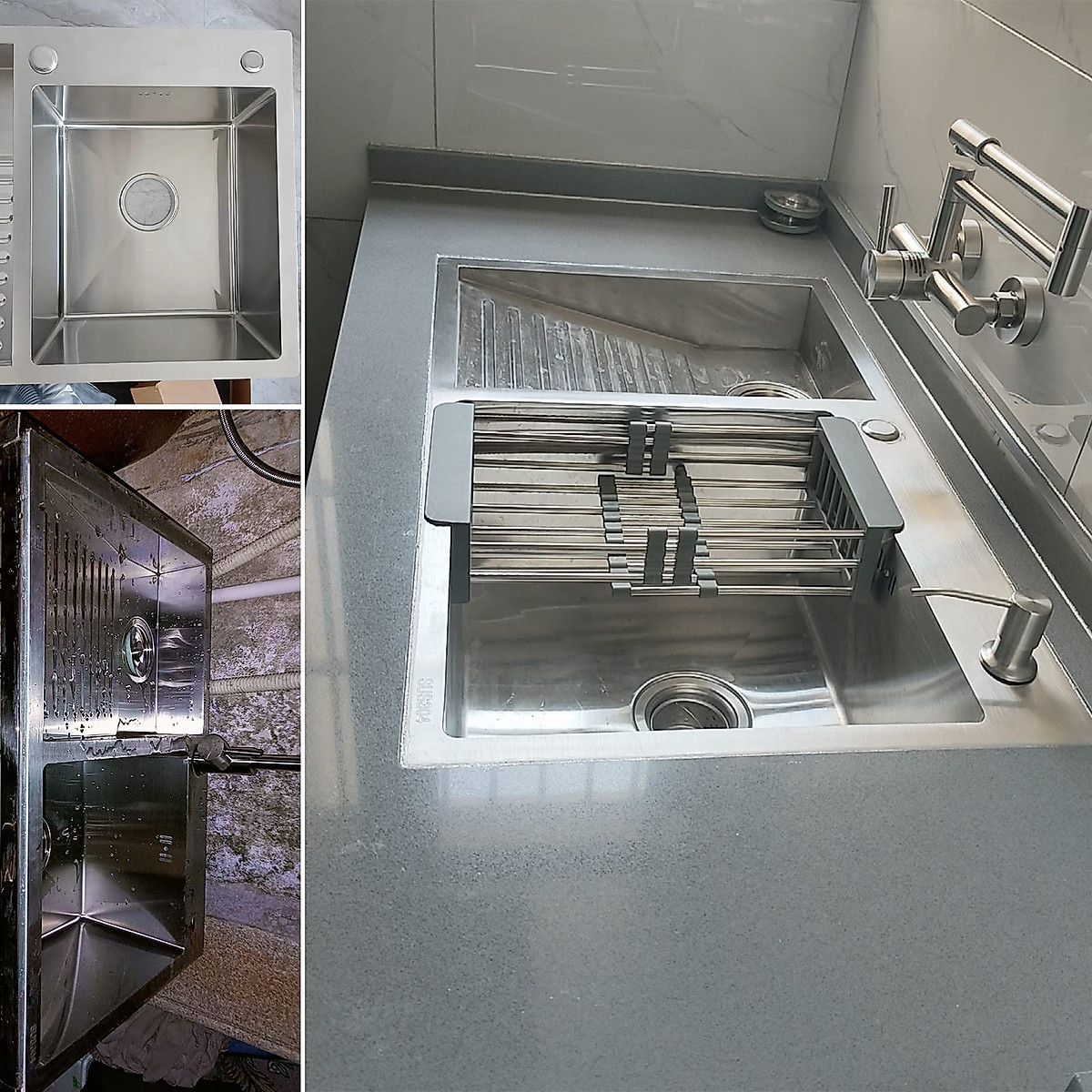 KOYGIMNDR Stainless Steel Laundry Tub Balcony Household Wash Basin with Washboard Kitchen Sinks Bathtub Single Bowl Easy to Clean Double Sink Laundry Pool (Color : Left, Size : 60x48cm)