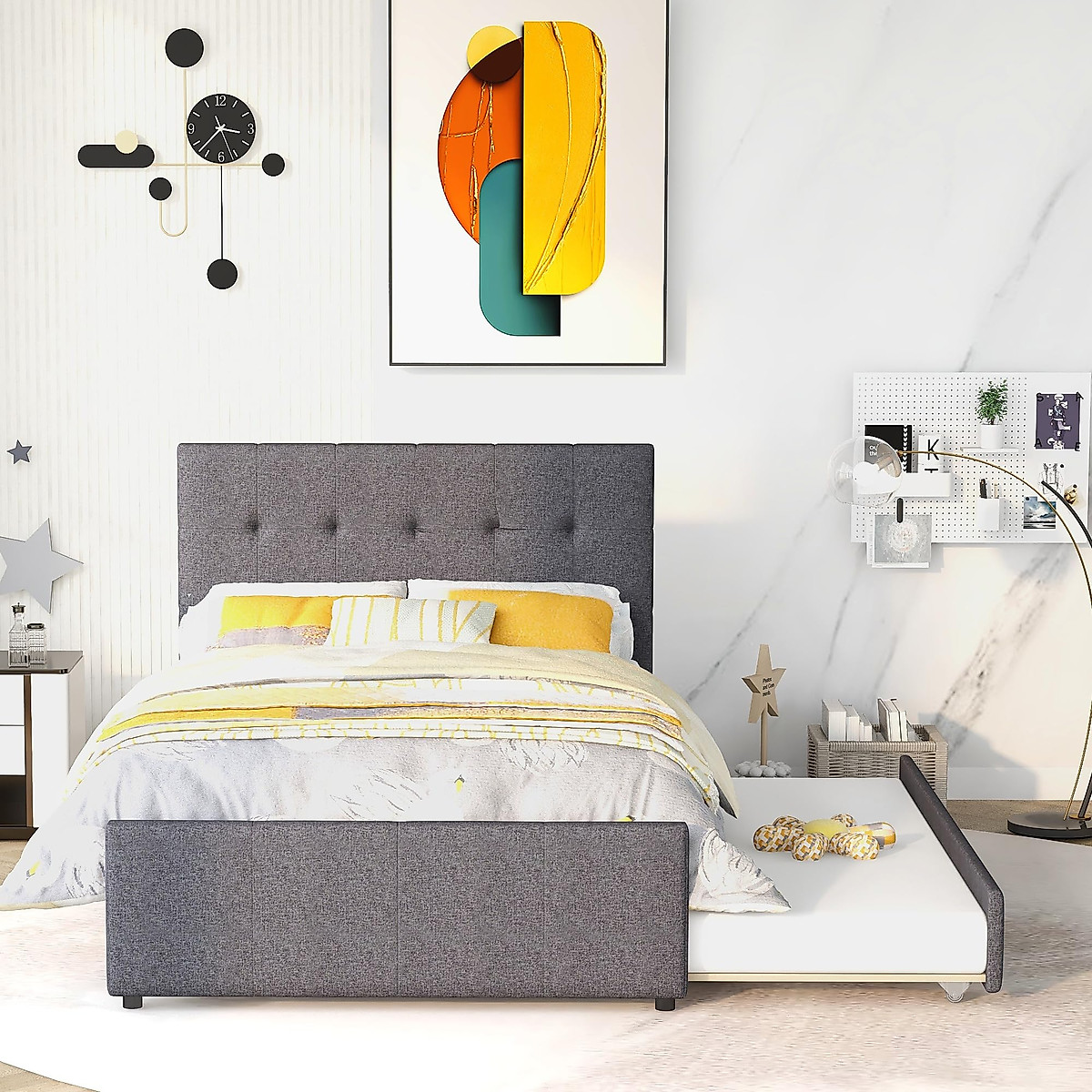 CITYNIGHT Upholstered Full Size Platform Bed with Headboard and Trundle,Linen Wood Full Trundle Bed Frame for Kids Teens,No Box Spring Needed (Full,Grey+Trundle)