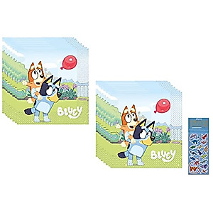 Bluey Dog Birthday Party Supplies Bundle includes Lunch Paper Napkins and 1 Esave Dinosaur Sticker Sheet - 32 Napkins