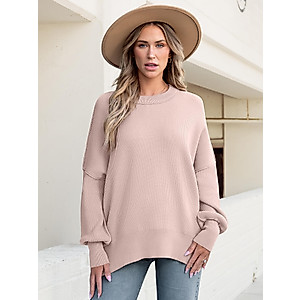 ANRABESS Women Crewneck Batwing Long Sleeve 2024 Fall Oversized Side Slit Ribbed Knit Pullover Sweaters Top Cozy Outfits Pink Small
