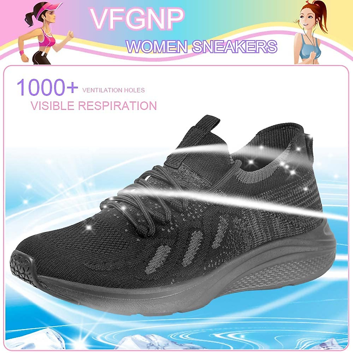 VFGNP Running Shoes Womens, Sneakers for Women, Slip On Walking Tennis Shoe Black 8