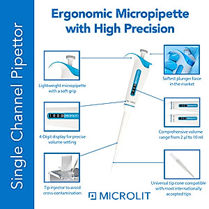 Nero Ergonomic Micropipette - Single Channel Pipettors with Adjustable Volume, Accurate and Calibrated Lab Pipettes, Fully Autoclavable Pipettor, 100-1000ul