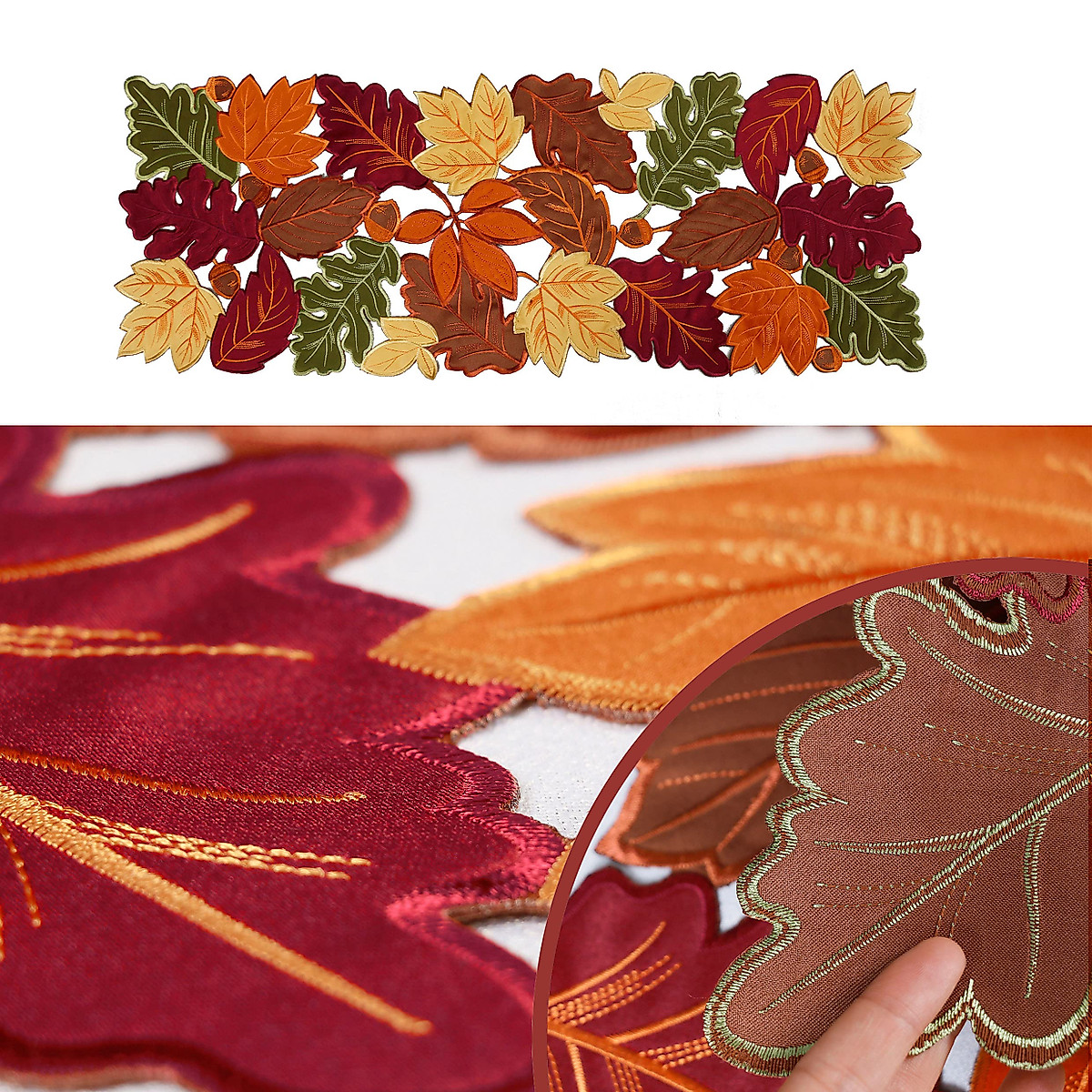 OWENIE Thanksgiving Runner, Fall Leaf Table Runner for Autumn Home Decorations, Fall Table Centerpieces, Embroidered Cutwork Farmhouse HarvestMaple Leaf Runner, 13 Inch x 36 Inch