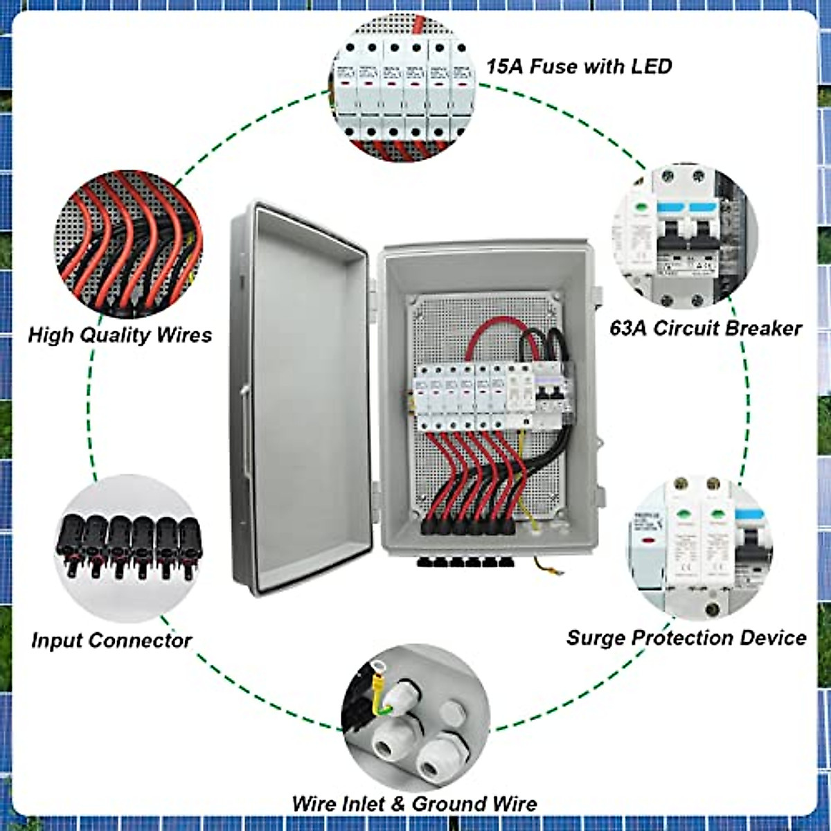 YUUCOO New Upgraded 6 String PV Combiner Box for On/Off Grid Solar Panel System, Solar Combiner Box with 15A Rated Current Fuse, 63A Air Circuit Breaker, Surge Protective Device