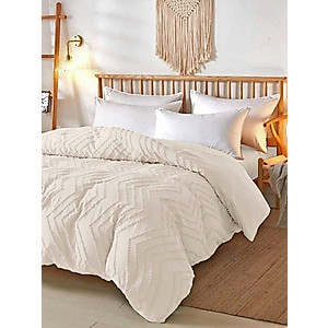 Nanko Beige Duvet Cover Twin Size, 2pc Boho Tufted Microfiber Bedding Comforter Cover Set, All Season Aesthetic Shabby Chic Soft Embroidery Textured Geometric Quilt Cover 68x90 inches