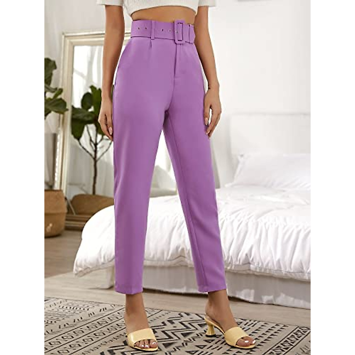 SweatyRocks Women's High Waist Suit Pants Belted Crop Pencil Pants with Pockets Lilac Purple M