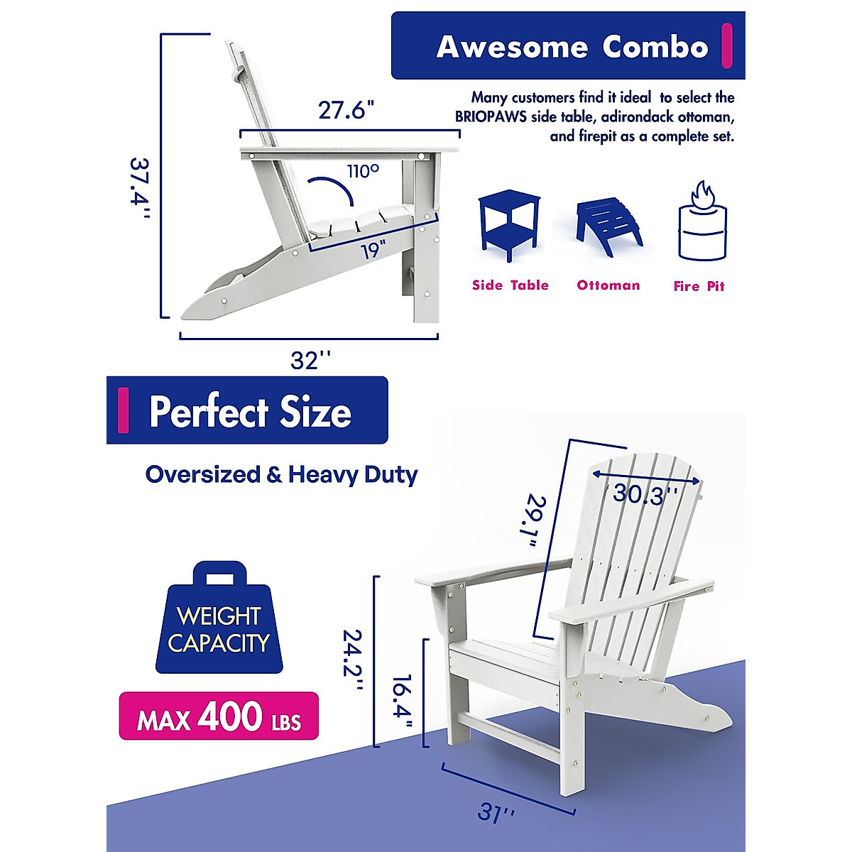 BRIOPAWS Adirondack-Chairs-Set of 2 | Fire Pit Chair | Oversized | HDPE Plastic | Weather Resistant | for Deck Outdoor Poolside Campfire | White