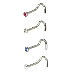 Forbidden Body Jewelry Set of 4 Nose Screws: 20g Surgical Steel CZ Crystal Nose Screws (Clear, Pink, AB & Aqua)