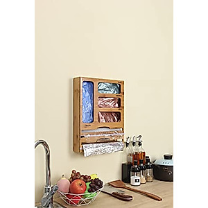 Plastic Wrap Dispenser with Cutter and Ziplock Bag organizer,6 IN 1 Bamboo Foil and Plastic Wrap Organizer for Kitchen Drawer & Wall Mount,Ziplock Bag Storage Organizer for Gallon,Quart,Sandwich,Snack