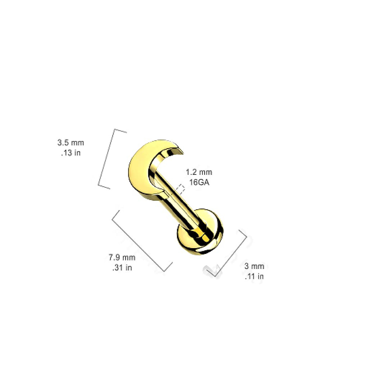 Pierced Owl 16GA Implant Grade Flat Crescent Moon Top Internally Threaded Solid G23 Implant Grade F-136 Titanium Flat Back Labret Monroe Lip Cartilage Helix Tragus Conch Ear Lobe Stud (Steel)