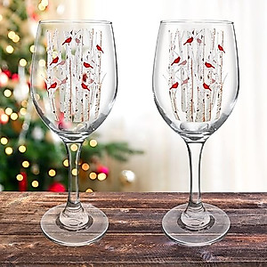 BANBERRY DESIGNS Cardinal Wine Glass - Set of 2 - Stemmed Glasses - Cardinals Perched on White Birch Trees - 7 3/4" Tall 12 oz