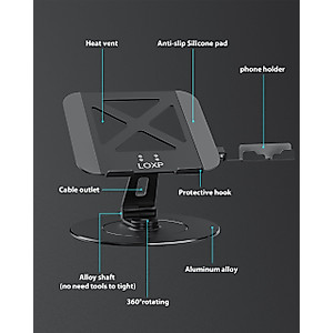 LOXP Ultra-Stable Aluminumy Swivel Laptop Stand for Desk with Rotating Foldable Phone Holder, 300% Large Base Stability, Anti-Loosening,Suitable for 10"-17.3" Laptops, Black