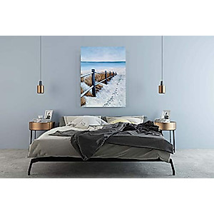 YHSKY ARTS Beach Canvas Wall Art Hand Painted Blue and White Painting with Fence Modern Abstract Coastal Pictures Contemporary Vertical Nautical Artwork for Living Room Bedroom Bathroom Decor