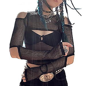 Villagepageme Rave Tops for Women Sheer Mesh Long Sleeve Crop Top See Through Cover Ups with Buckle (G-Black, L)