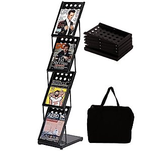 WERTIRUNG Brochure Magazine Catalog Literature Display, Literature Catalog Rack with Carrying Bag, Foldable Magazine Stand for Office Retail Store and Exhibition Trade Show, 4 Pockets (Black)