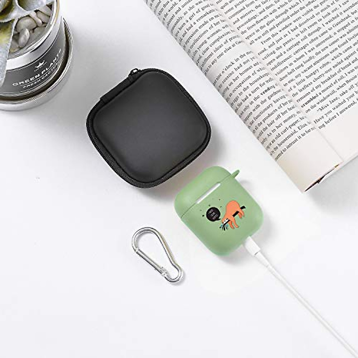 Green Case Cover for AirPod 1&2 w/Keychain Carabiner+Storage Bag,Cute Sloth Airpod Case Wireless Earphone Case Smooth Anti-dust Flexible Silicone Protective Cover Soft Skin Avocado Green Case