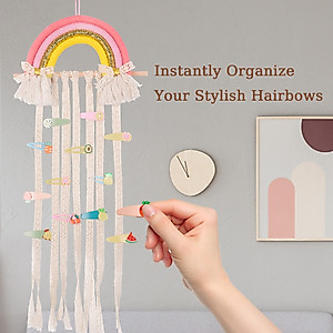 WAKOEGOFU Rainbow Tassels Hair Bows Holder Hanging - Baby Hair Accessories Storage Headband Holder Hair Clips Organizer Wall Hanger Decor for Baby Girls Room Ornament (Pink Yellow)