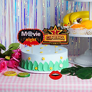 25Pcs Photo Booth Props Kit, Movie Night Party Supplies Decorations Red Carpet Cutouts Movie Party Cards Table Toppers