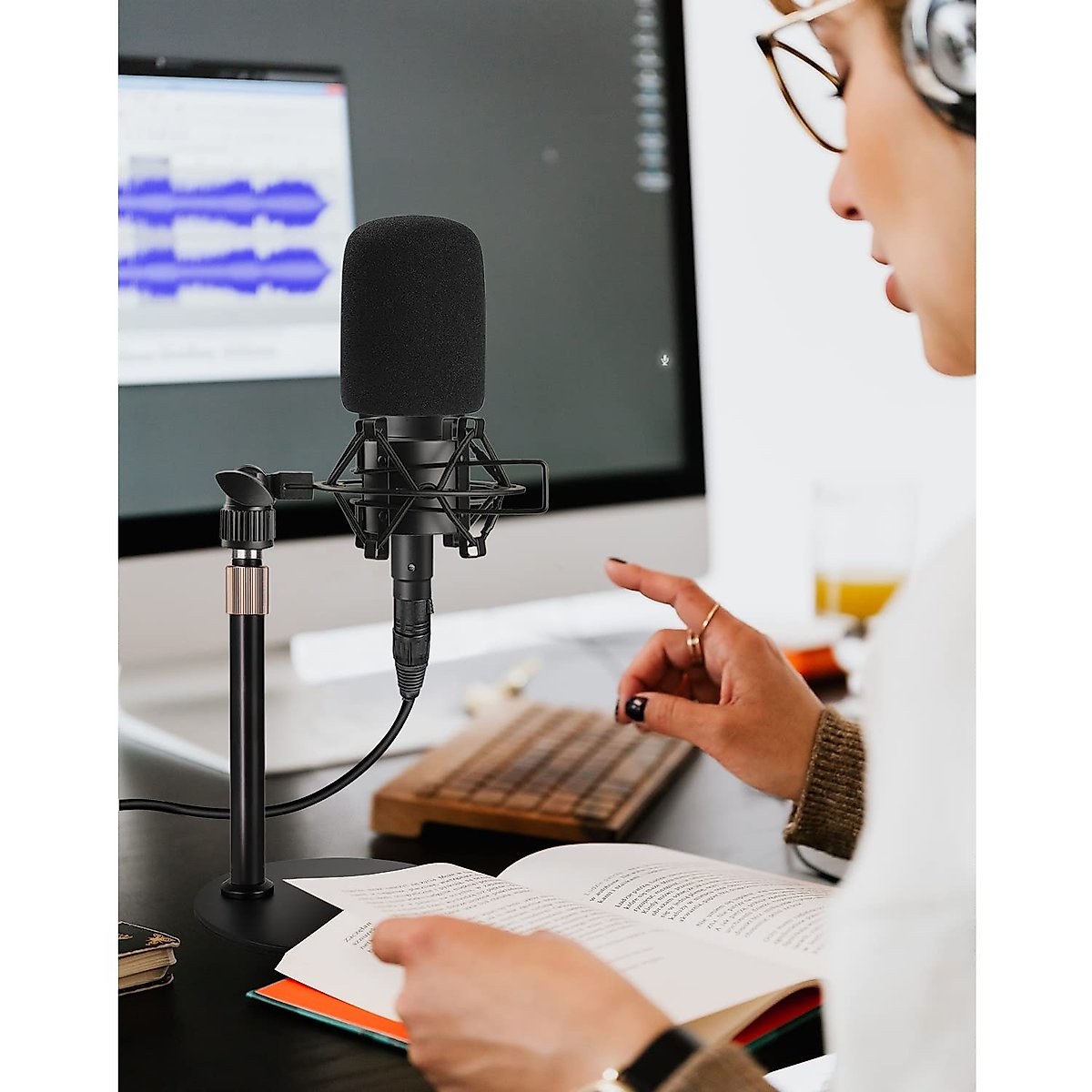 AT2020 Mic Stand, Adjustable Height Desk Mic Stand with Shock Mount, Foam Windscreen, Metal Weighted Base, 1/4 to 3/8 Metal Adapter, for AT2020 AT2020USB AT2020USB+ AT2035 Mic by Rigych