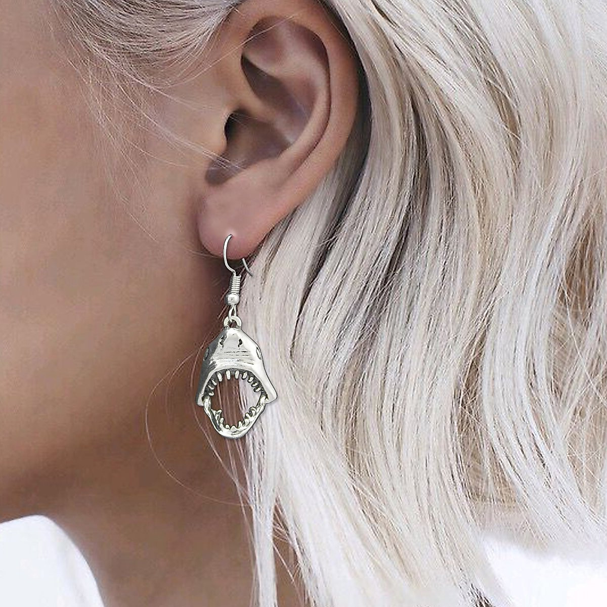 RechicGu Vintage Silver Shark Hinged Moveable Tooth Jaws Skull Hell Demon Mouth Dangle Earrings Fancy Dress