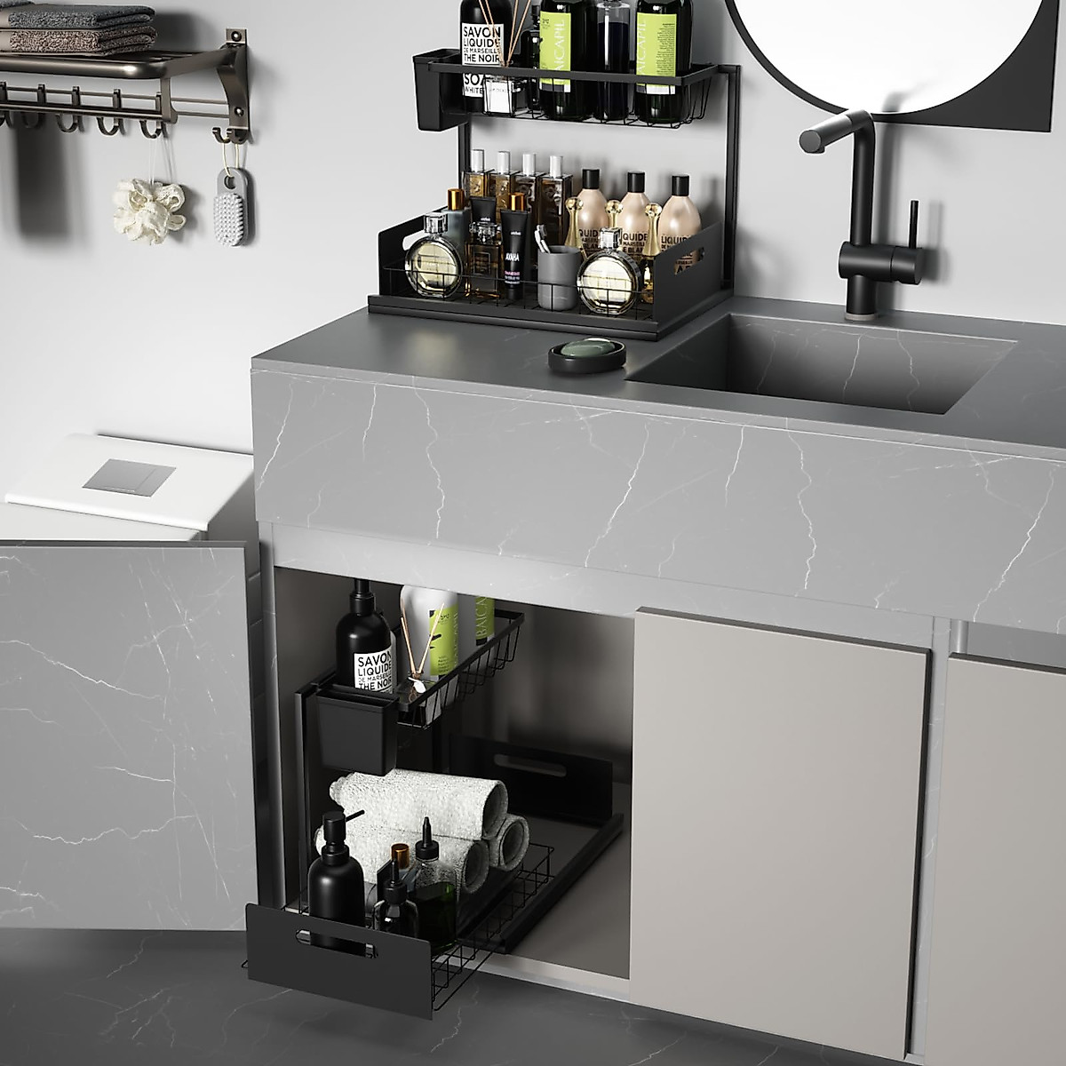 ZHLMIEEX Under Sink Organizer, Pull Out Cabinet Organizer 2-Tier L Shaped Metal Slide Out Sliding Shelf Under Cabinet Storage Multi-Use for Under Kitchen Bathroom Sink Organizers and Storage