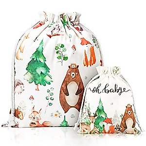 2 Pcs Woodland Animal Baby Shower Drawstring Bags Large Gift Bags 20/12 Inch Fabric Canvas Party Favor Bags Reusable Gift Wrap Bags for Woodland Baby Shower Gender Reveal Birthday Party