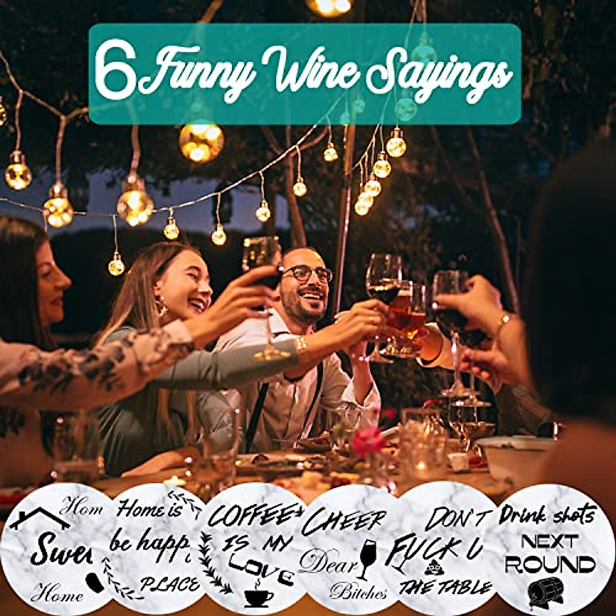 Ceramic Drink Coasters with Holder,Ycoolle Set of 6 Funny Absorbent Ceramic Cup Coasters Inspirational Housewarming Gifts for Coffee Table, Home Decor (White Marble)