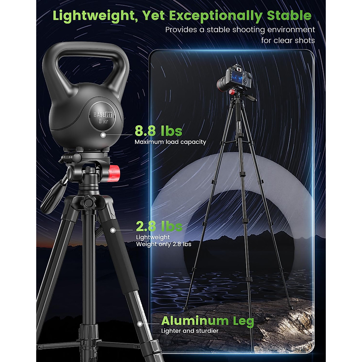 CAMBOFOTO 74"-Camera-Tripod, Porfessional Aluminum Heavy Duty Tripod Stand for Mirrorless Camera/DSLR/Cell Phone/Camcorder, with Holder and Travel Bag
