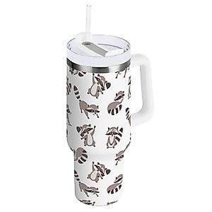IHCVHQX Tumbler with Handle and Straw 40oz Funny Cute Cartoon Raccoon Insulated Tumbler Cups Stainless Steel Travel Coffee Mug
