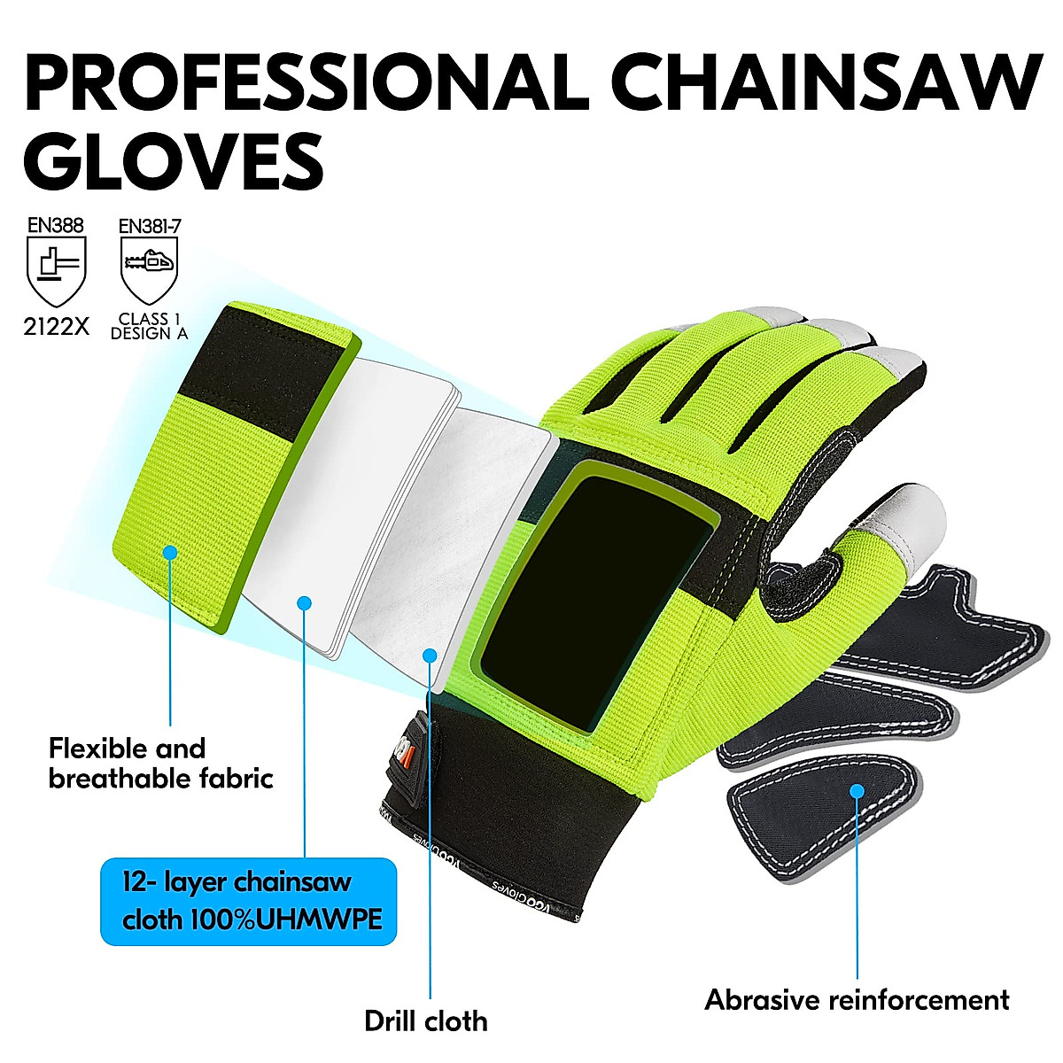 Vgo... 1Pair Chainsaw Gloves, 12-Layer Chainsaw Protection on Left Hand Back, Safety leather Work Gloves, Mechanic Gloves (S,Green, GA8912)