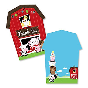 Big Dot of Happiness Farm Animals - Shaped Cards - Barnyard Baby Shower or Birthday Party Thank You Note with Envelopes - Set of 12