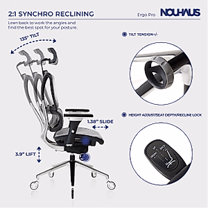 Nouhaus Ergonomic Office Chair Lumbar Support Aluminum Alloy Backrest, Big and Tall Mesh Computer Desk Chair with Adjustable Headrest, 4D Armrest and Premium Wheels(ErgoPRO,Silver)
