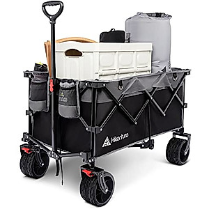 Hikenture Collapsible Wagon with Big Wheels, Enlarged Capacity Beach Wagon for Sand, Heavy Duty Folding Wagon Cart with 2 Drink Holders, Portable Utility Foldable Garden Cart for Outdoor, Camping