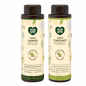 ecoLove - Natural Shampoo & Conditioner Set for All Hair Types - Safe for the Whole Family - No SLS or Parabens - With Organic Cucumber Extract - Vegan and Cruelty-Free, 17.6 oz