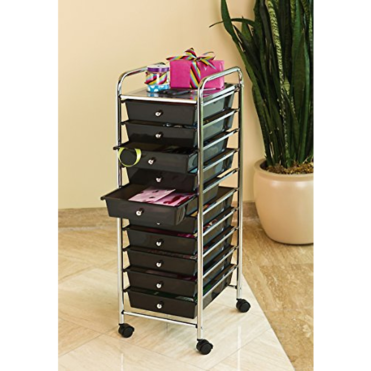 Seville Classics Rolling Utility Organizer Storage Cart for Home Office, School, Classroom, Scrapbook, Hobby, Craft, 10 Drawer, Black
