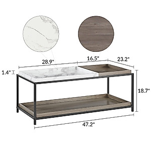 ODIKA Convertible Entertaining Coffee Table - Faux Marble Coffee Table with 2 Removable Trays, 47 Living Room Table, Modern Coffee Table for Living Room, Coffee Table with Storage Furniture, Walnut