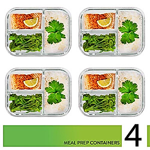 PrepNaturals glass food storage containers, meal prep container, bento box for lunch, dishwasher & microwave safe (multi-compartment)