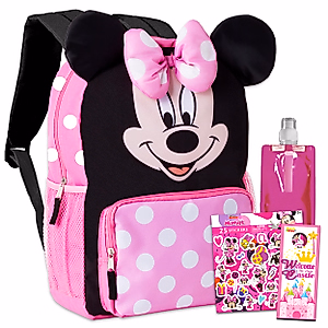 Minnie Mouse Backpack and Water Bottle for Kids Toddlers ~ Premium 14" Minnie School Bag with 3D Ears and Puffy Bow, Water Bottle, Stickers, and More (Minnie Mouse School Supplies Bundle)