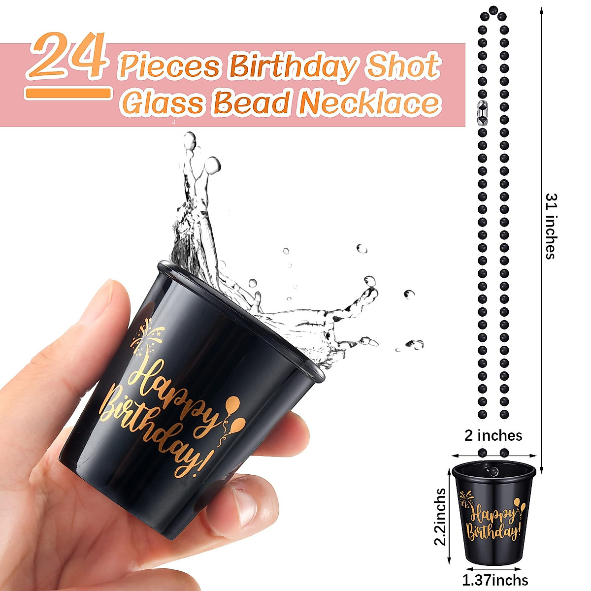 Sureio 24 Pack Shot Glass on Beaded Necklace Shot Glass Necklaces Plastic Shot Necklace Cups for Birthday Party Happy Wedding Festival Parade Favor (Black, White)