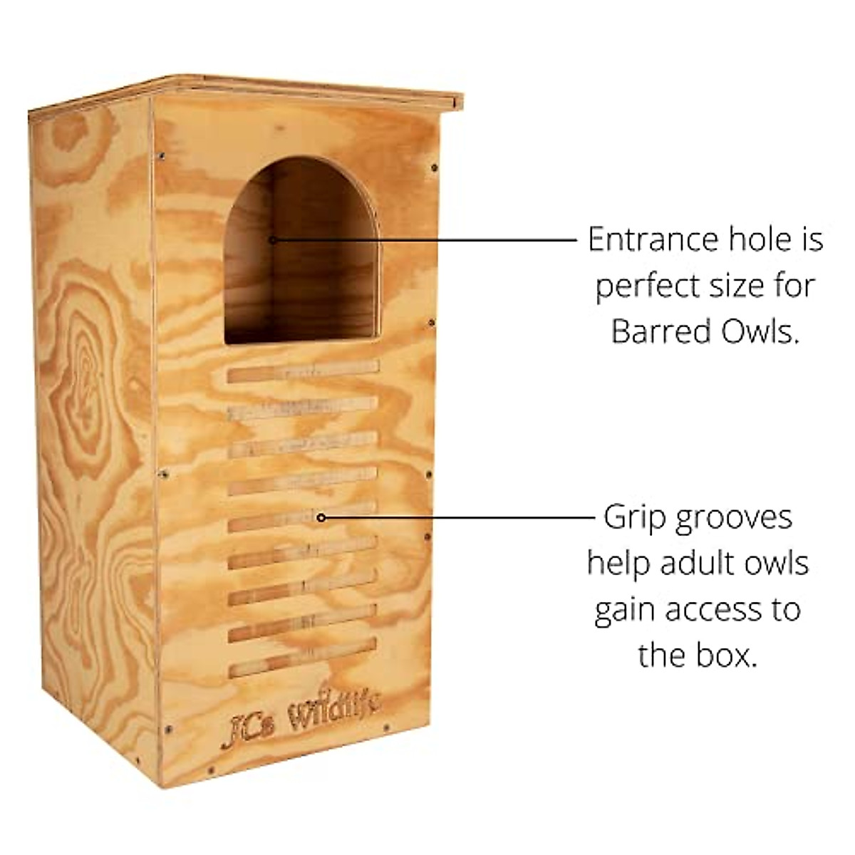 JCs Wildlife Barred Owl Nesting Box - Treated Exterior Grade Plywood - Mounting Hardware and Pine Shavings Included - Dedicated Clean Out Door for Easy Cleaning - Made in The USA