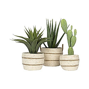 Creative Co-Op Beige & Brown Maize Baskets with Leather Handle (Set of 3 Sizes) Wicker Non-Food Storage, Brown